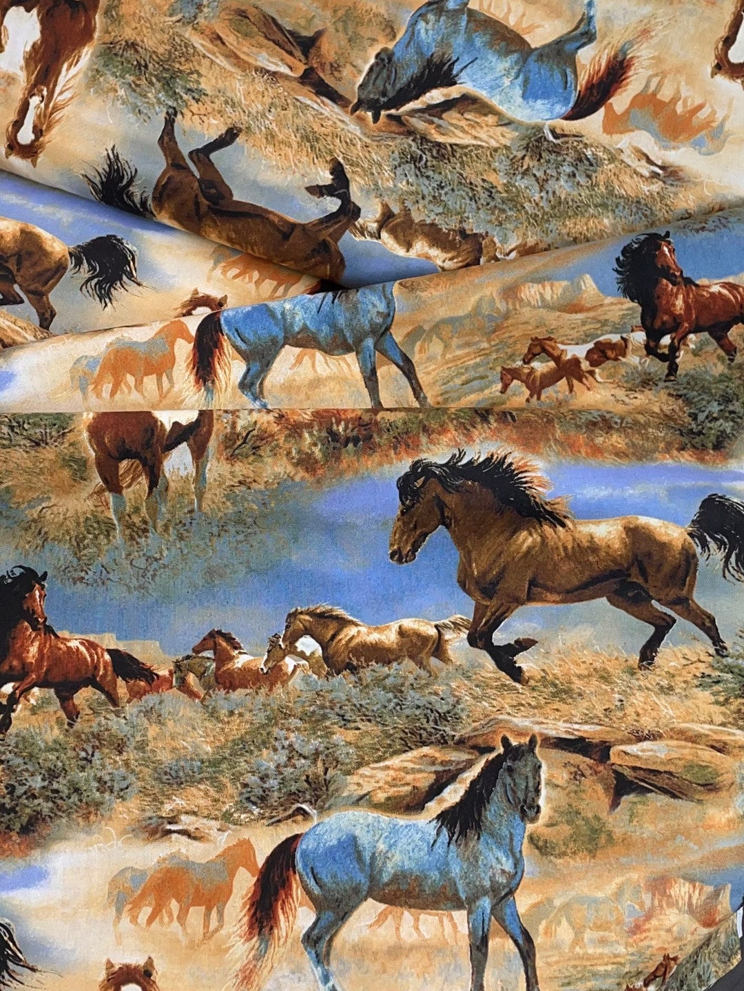 Horse in the Prairie, Wild Stallion Fabric, Broadcloth, Beige Tan Brown ...