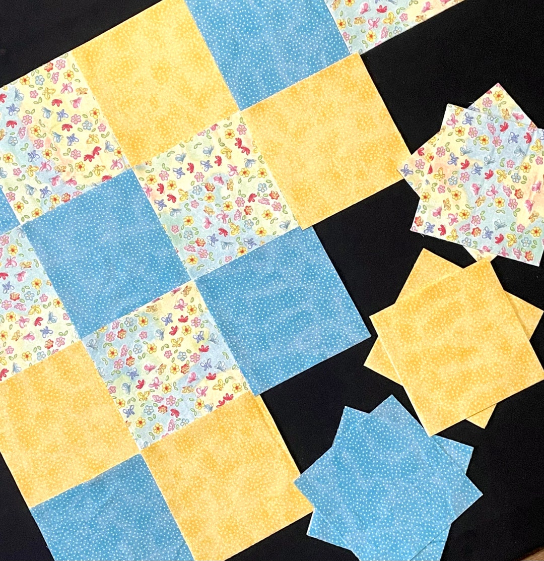 Butterfly Floral 7" Pre Cut 48 Square Quilt Blocks, Blue Yellow Flannel ...