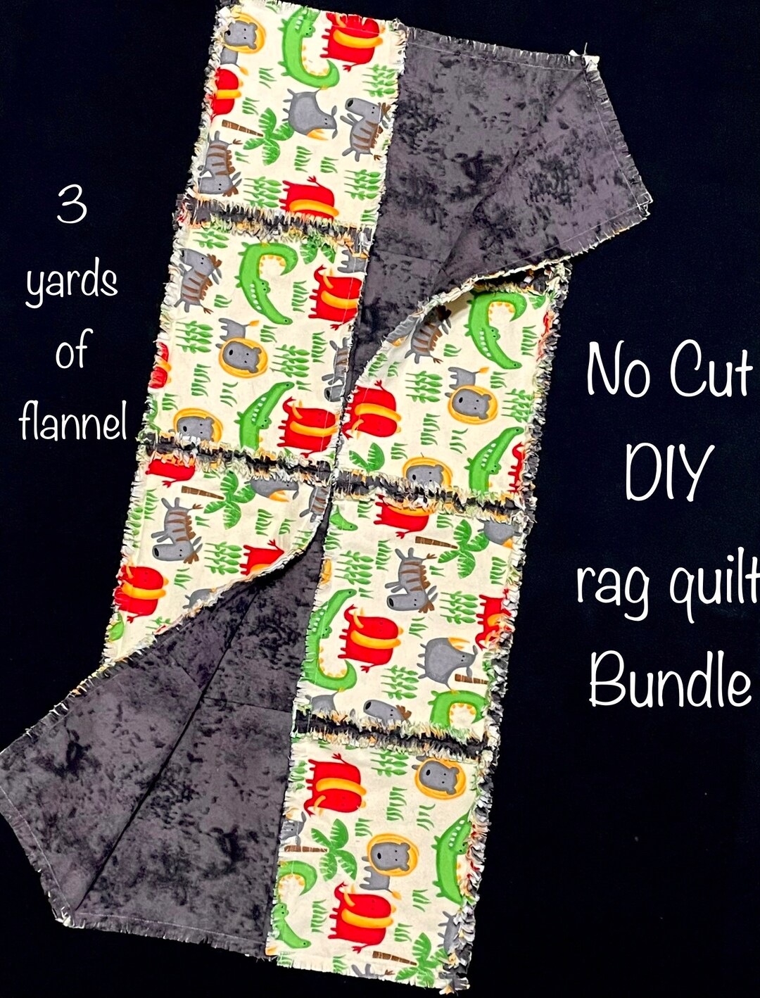 Jungle Animal Rag Quilt, 3 Warm Flannel Layers, 31x37, Orange Green ...