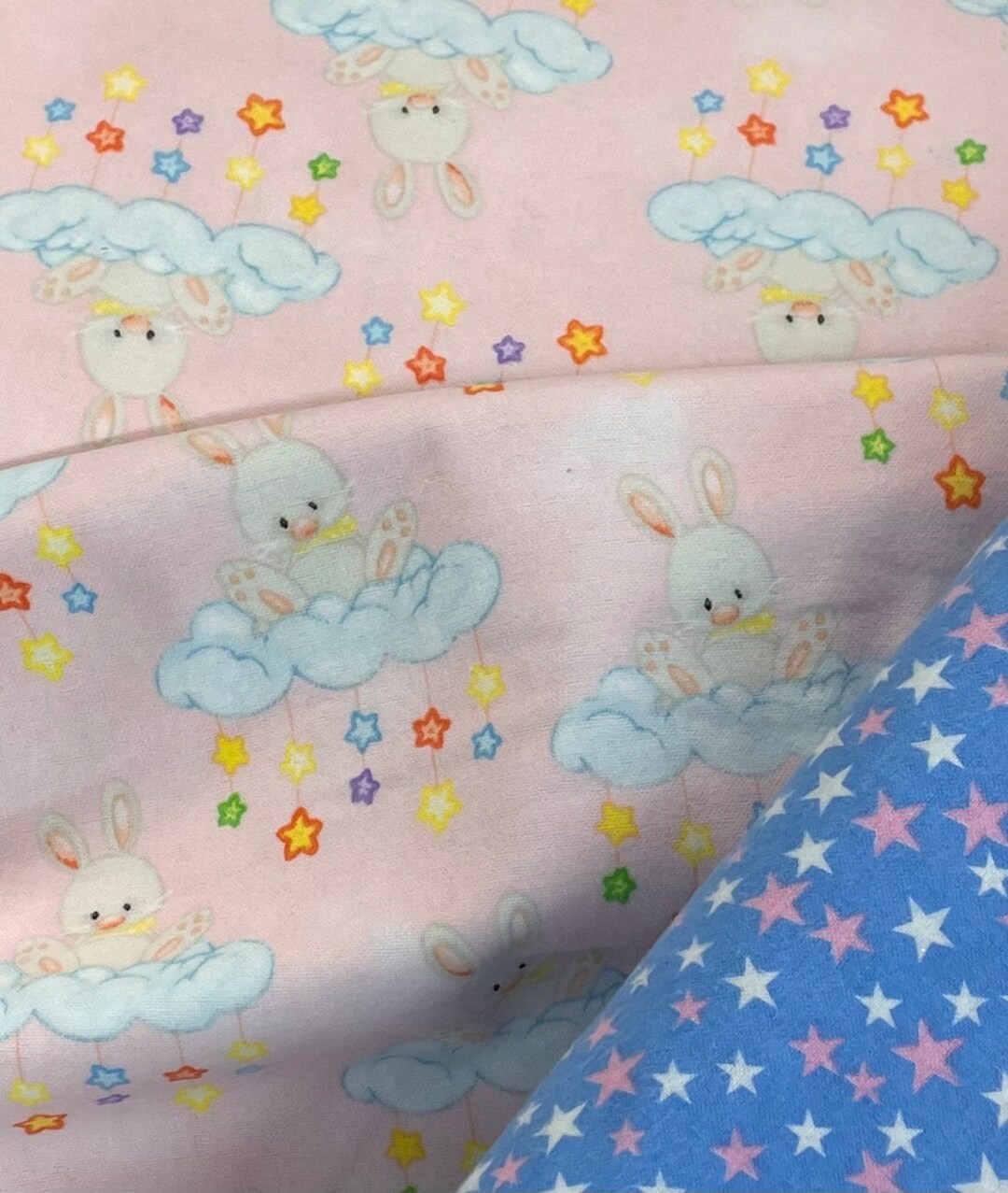 Bunny Rabbit Pink Flannel Floating on White Clouds Yellow - Etsy