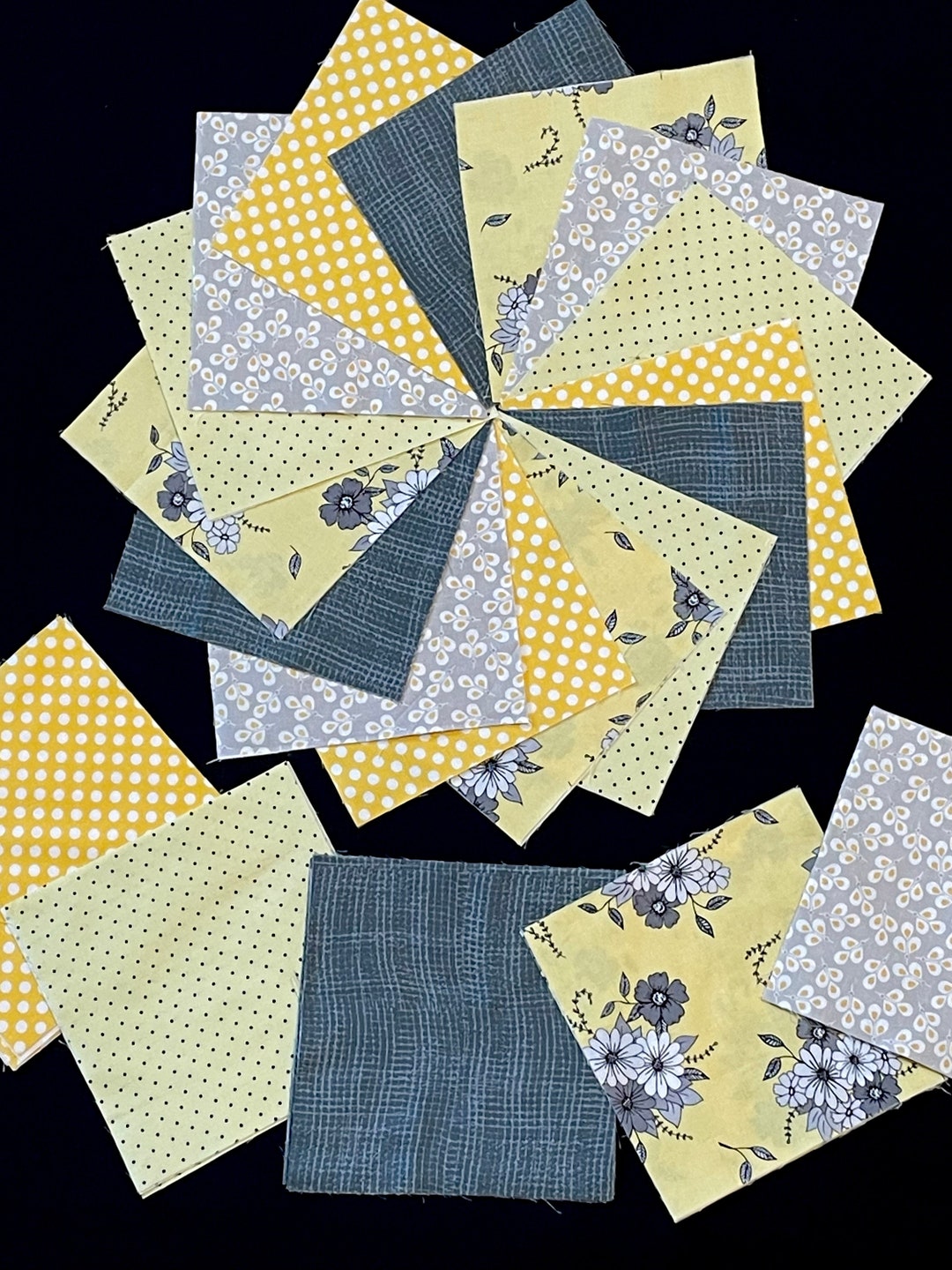 SALE 84 Yellow Flower, 7" Square Quilt Blocks, Gray, Yellow, Cotton ...