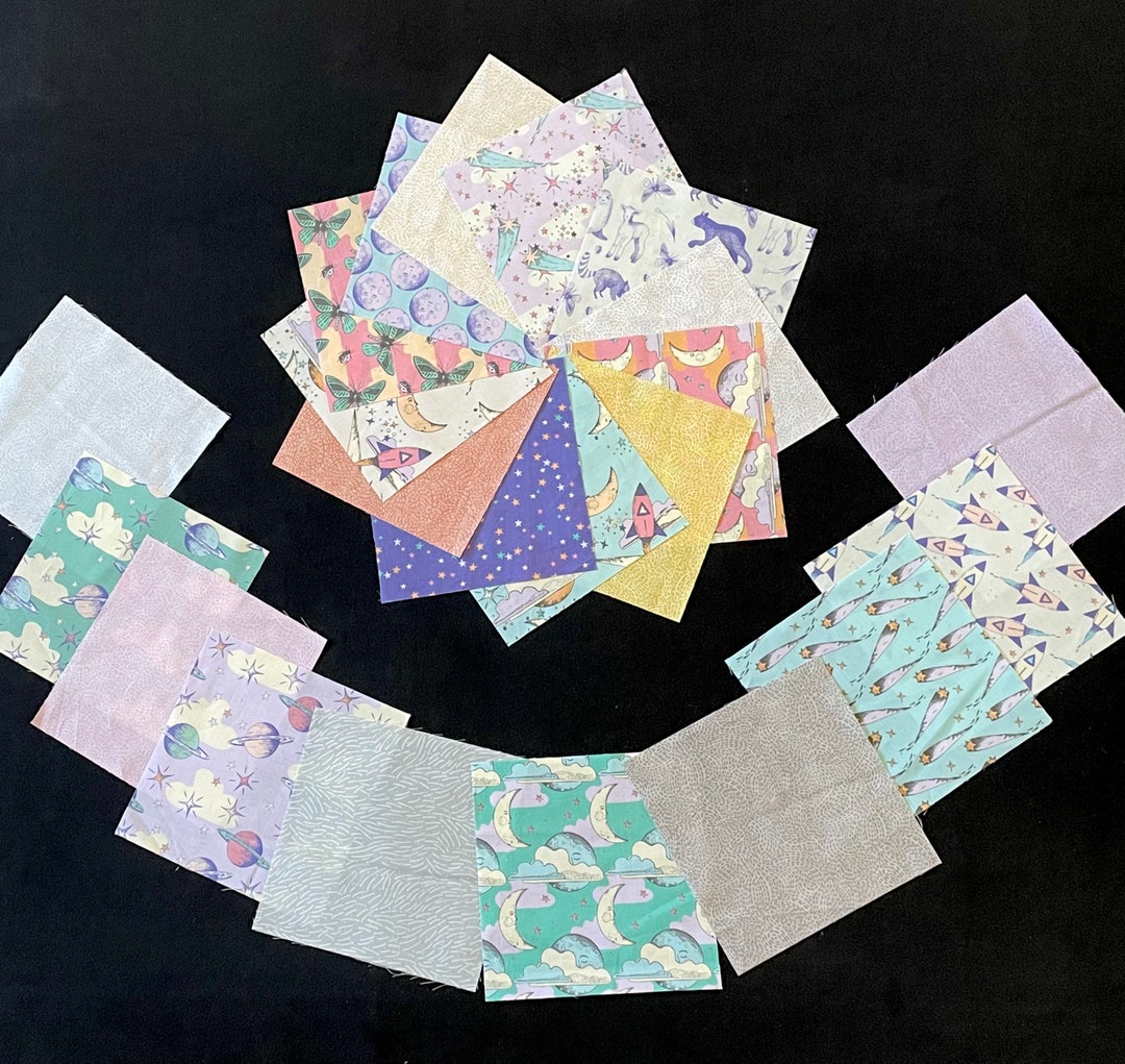 22 Man in the Moon, Rocket, Sun Pre Cut Fabric Quilt Blocks Squares 7 ...