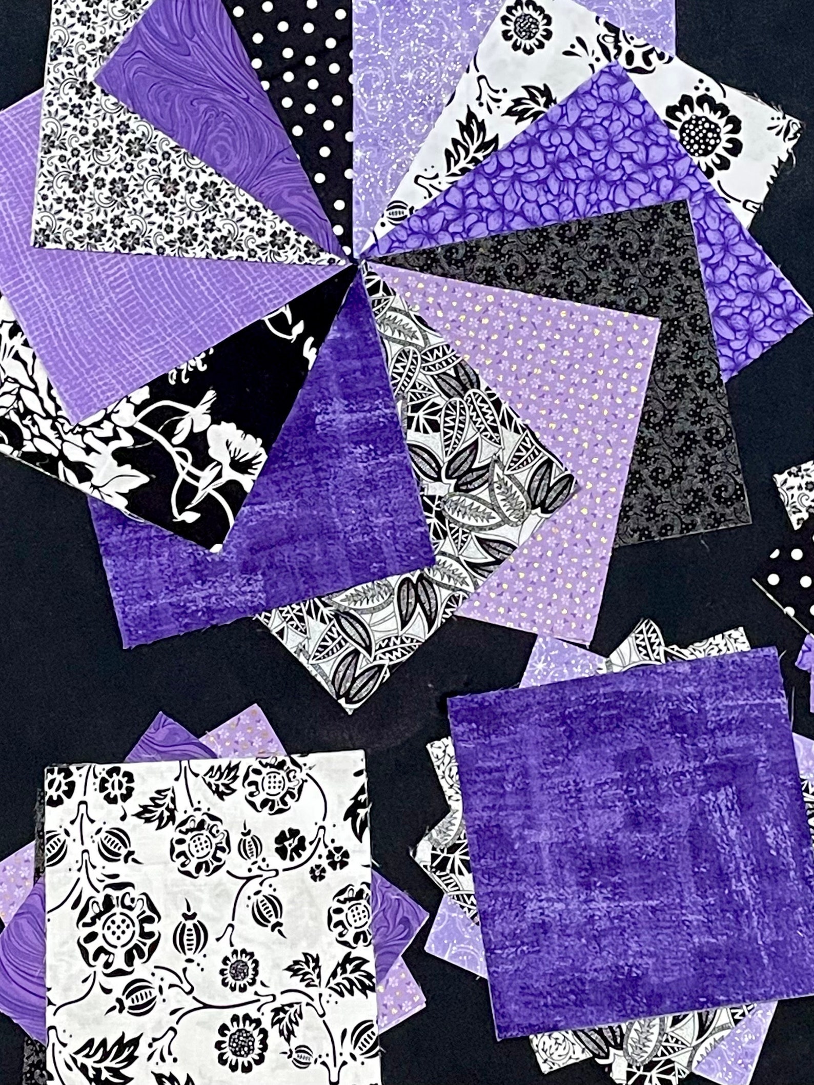 48 Purple Black White 7" Pre Cut Square Quilt Blocks, Quilting Fabric ...