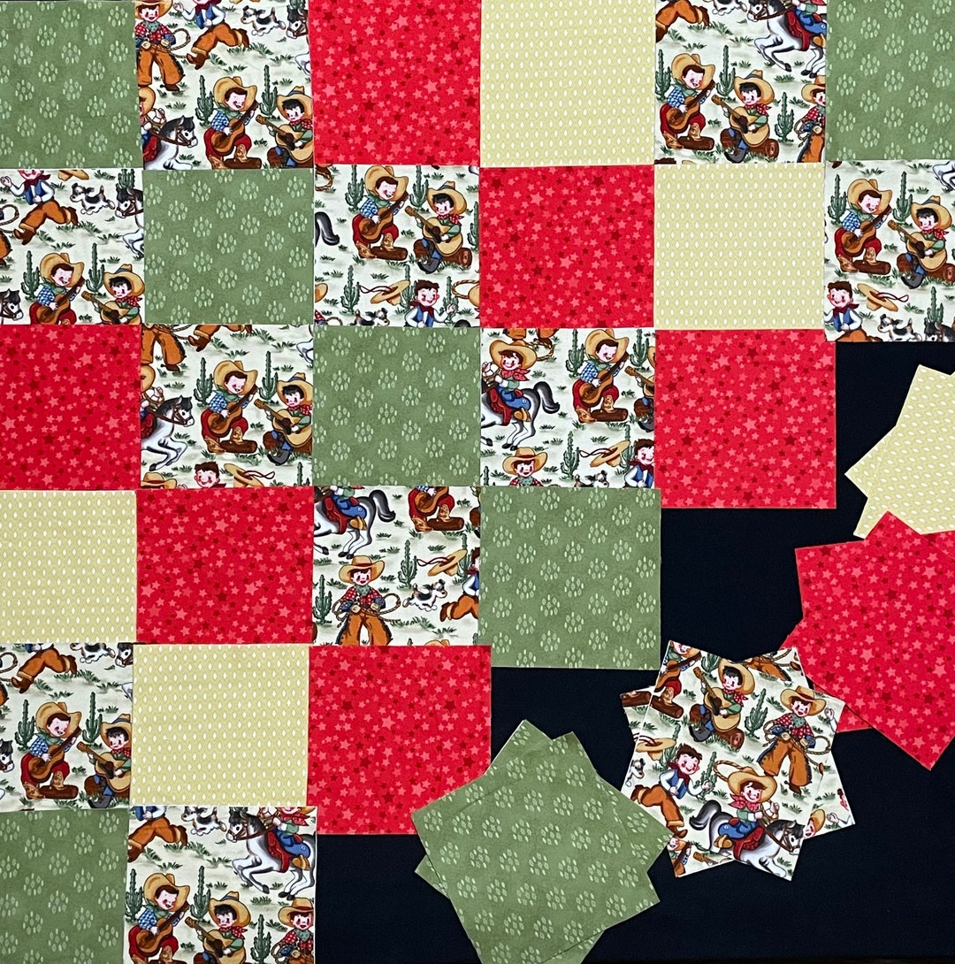 72 Western Cowboy Rag Quilt Kit, Pre Cut 7" Quilt Blocks, Cowboy Horse ...
