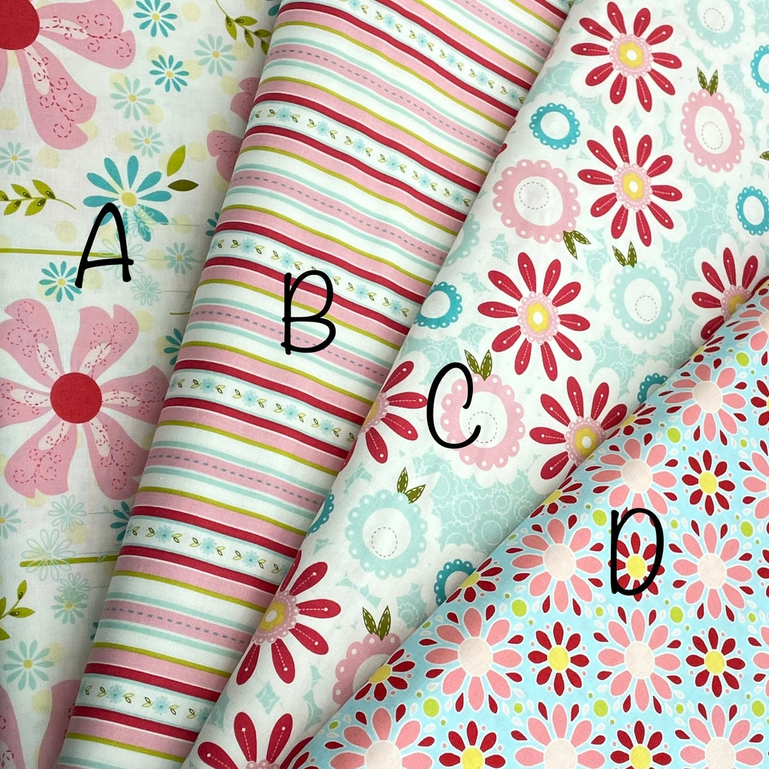 Floral Flower Girl Cotton Spring Fabrics, Aqua Blue Red Pink Green ...