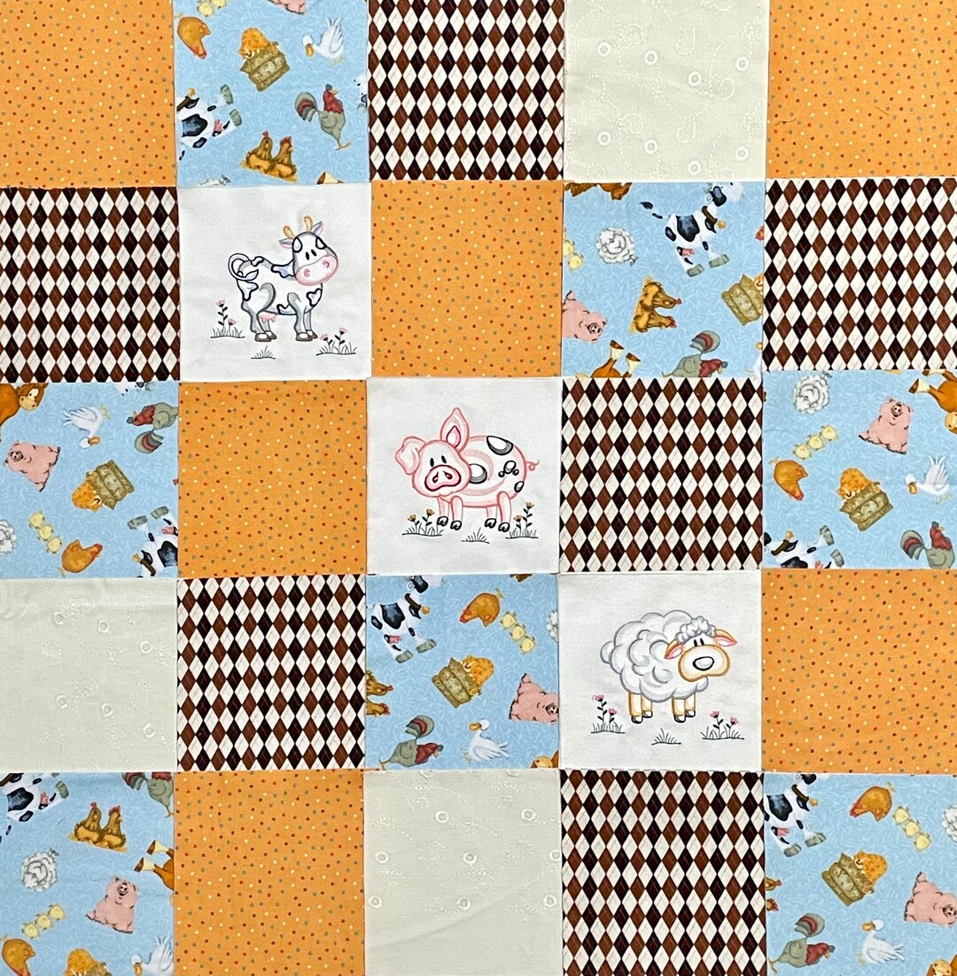 42 Farm Flannel & Embroidered 7" Pre Cut Square Quilt Blocks, Sheep ...