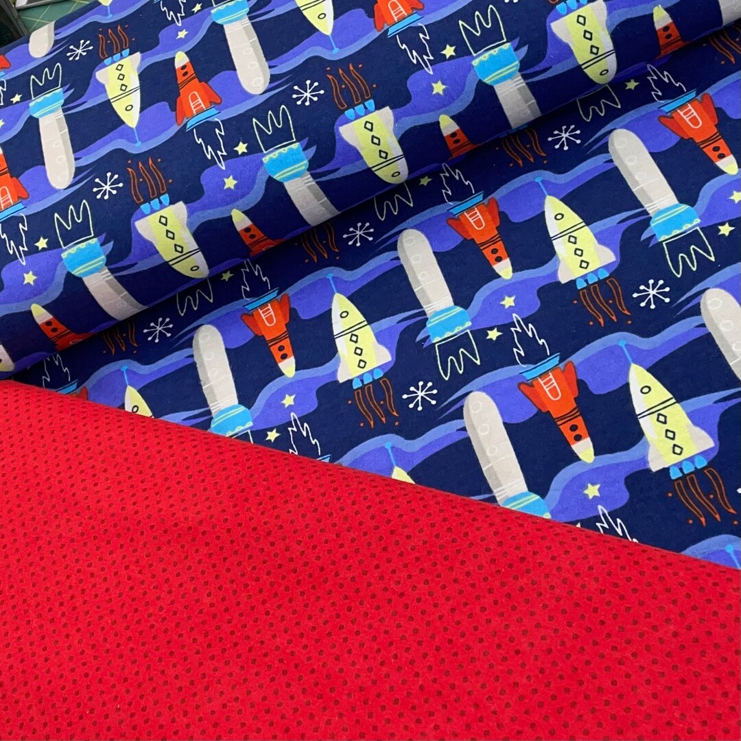 Rocket Planet Outer Space Flannel Fabric, Spaceship Fabric, Blue Red ...
