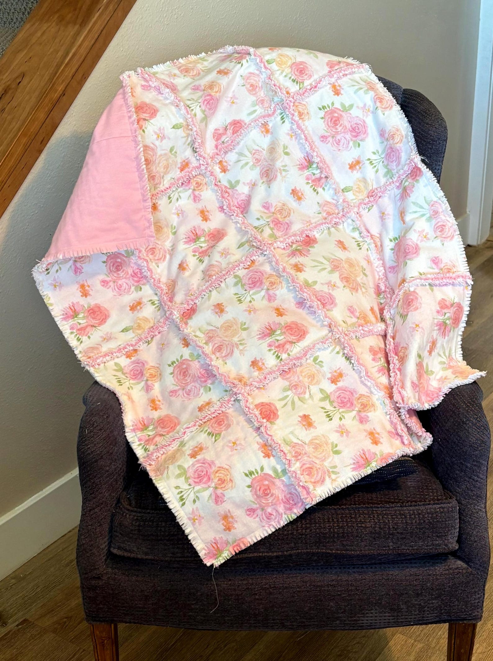 Rose Pink Coral, Vine Flowers, NO CUT Rag Quilt Kit- DIY Floral Flannel ...