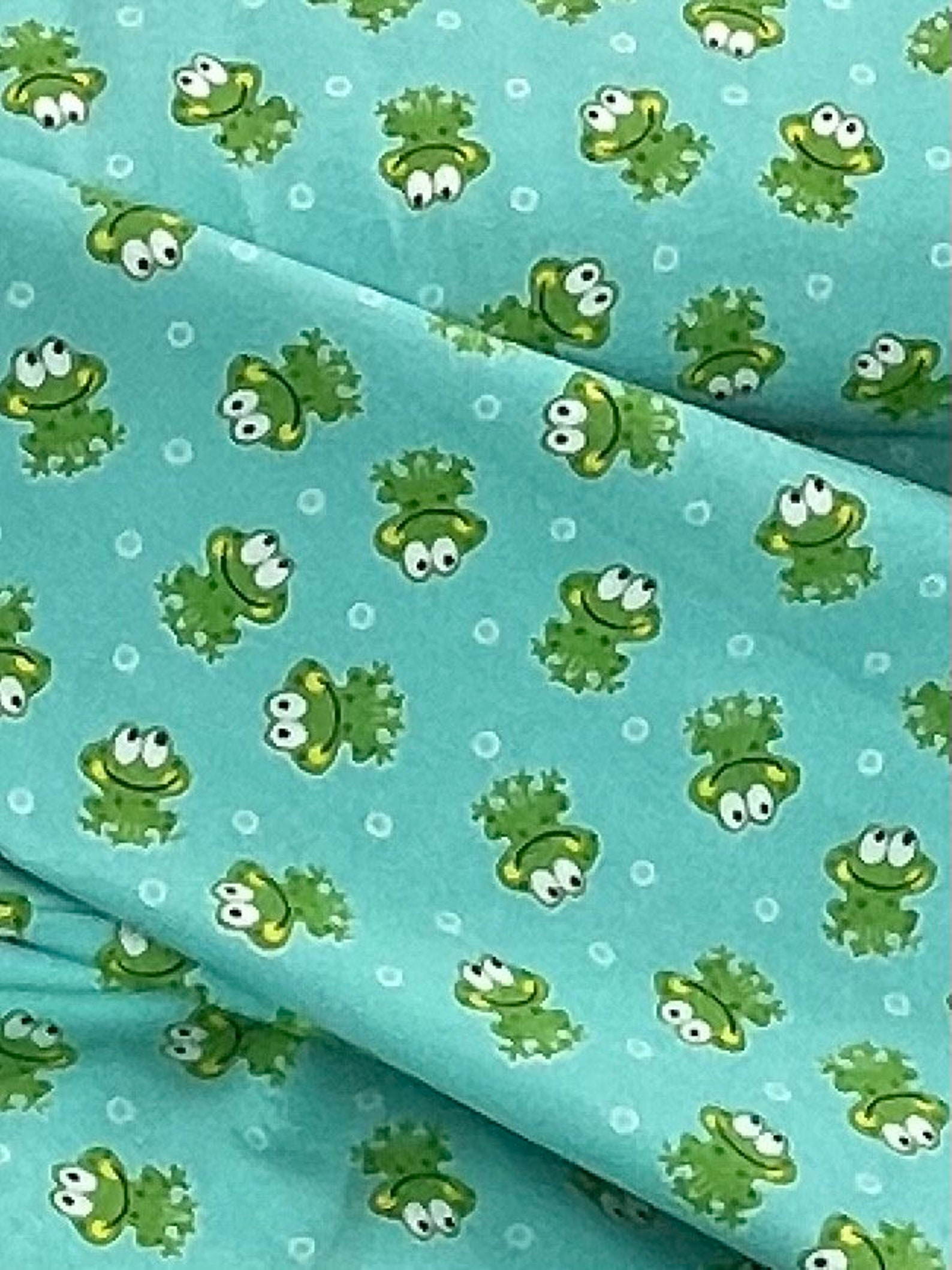Frog Flannel Yellow With Green Frogs and Pink Flowers Aqua - Etsy