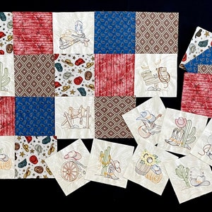 Western Embroidered Cowboy Quilt Blocks, 60- 7" Cotton Pre Cut Squares ...