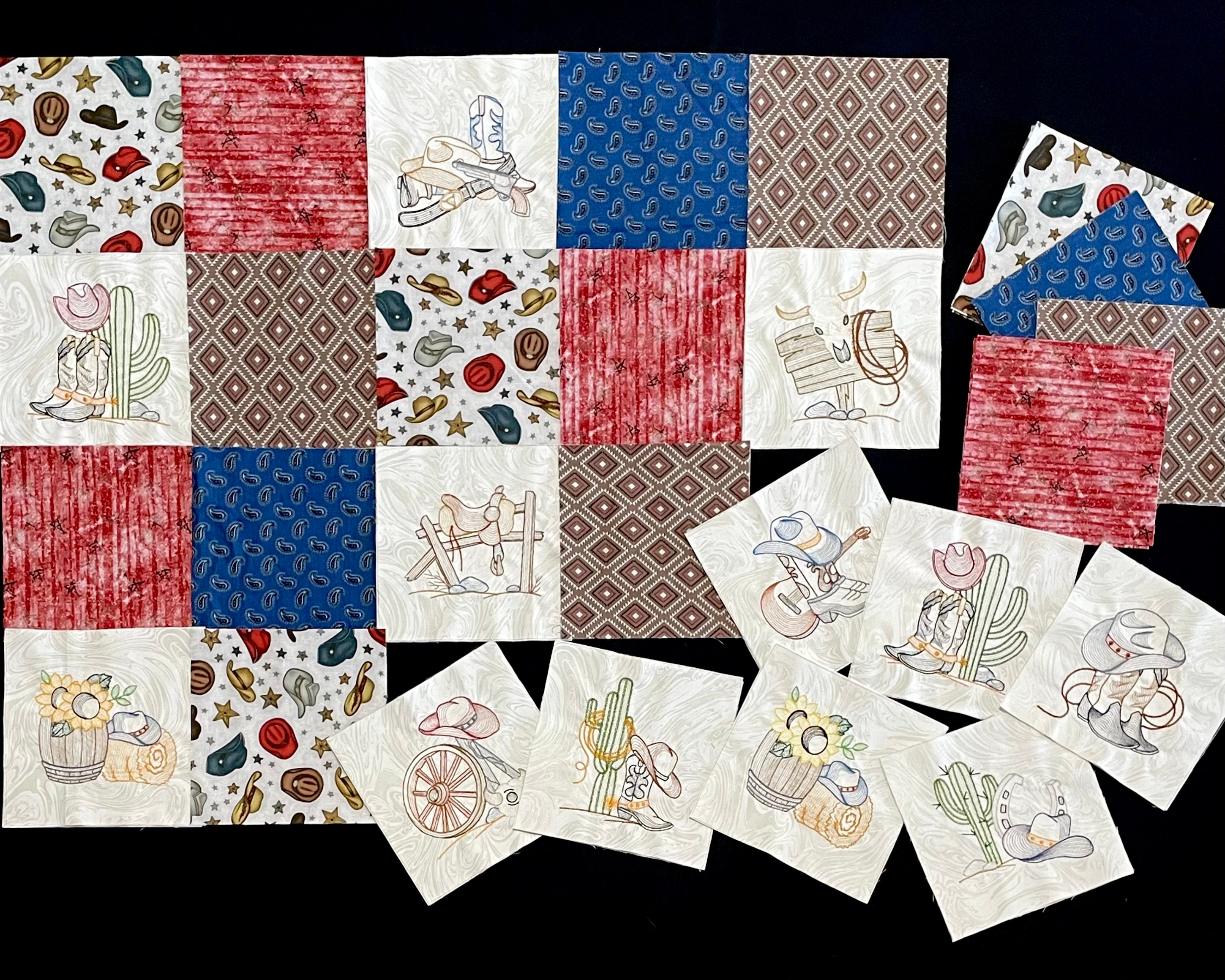 Western Embroidered Cowboy Quilt Blocks, 60- 7" Cotton Pre Cut Squares ...