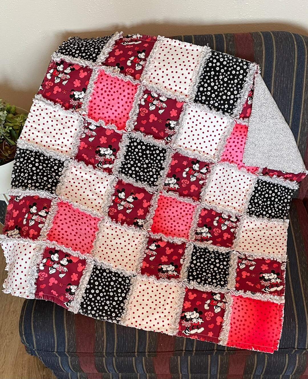 Mickey Minnie Mouse Baby Rag Quilt, Pink Red Black, Hearts, DIY Girl ...