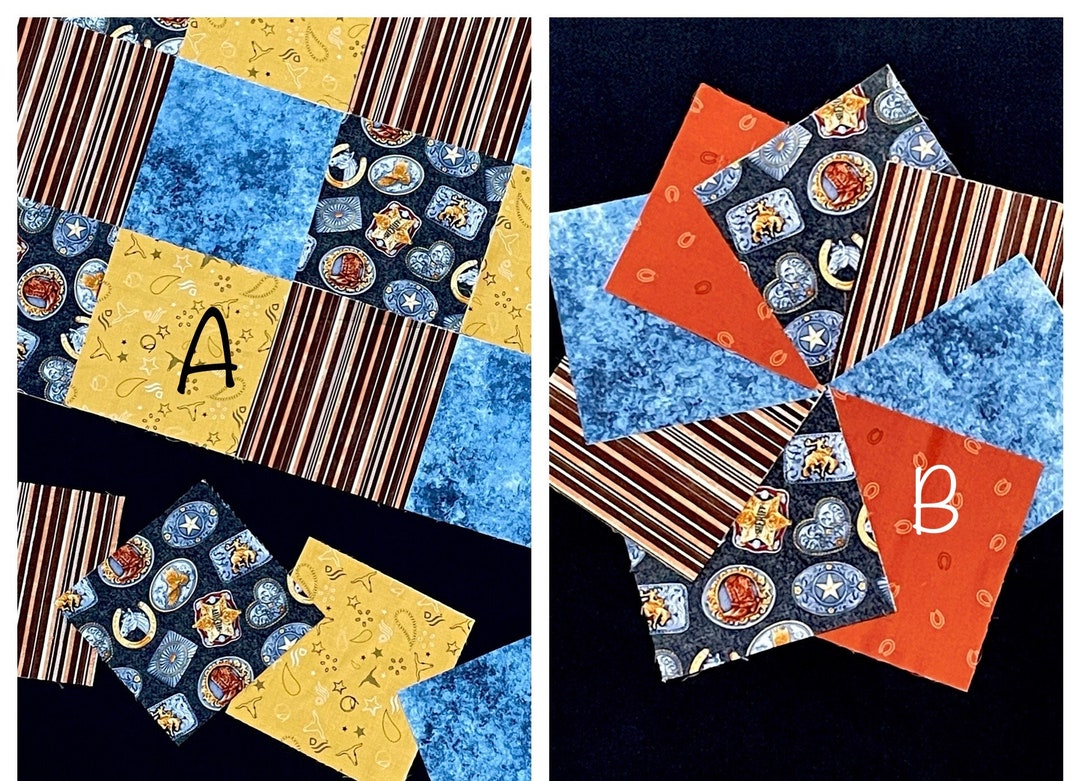 48 Western Rodeo Cowboy 7 Inch Square Quilt Blocks, Cotton, Blue Brown ...