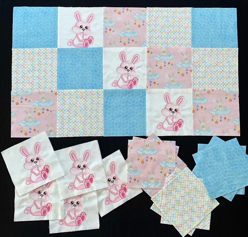 Embroidered Pink Bunny Rag Quilt Kit, 84 Quilt Blocks 7" Flannel Fabric ...