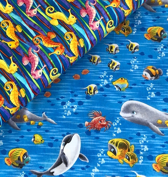 Sea World Fabric Sea Horse Ocean Waves Whales Fish Ocean | Etsy