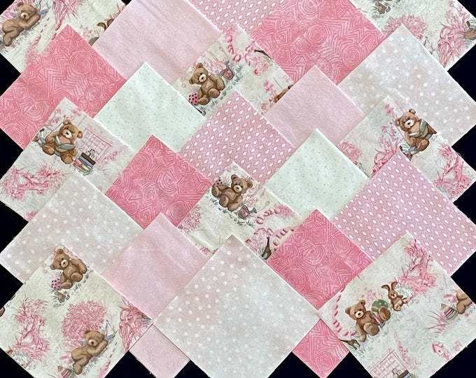 Pink Teddy Bear Rag Quilt Kit, 98 Quilt Blocks 6" Flannel Fabric ...