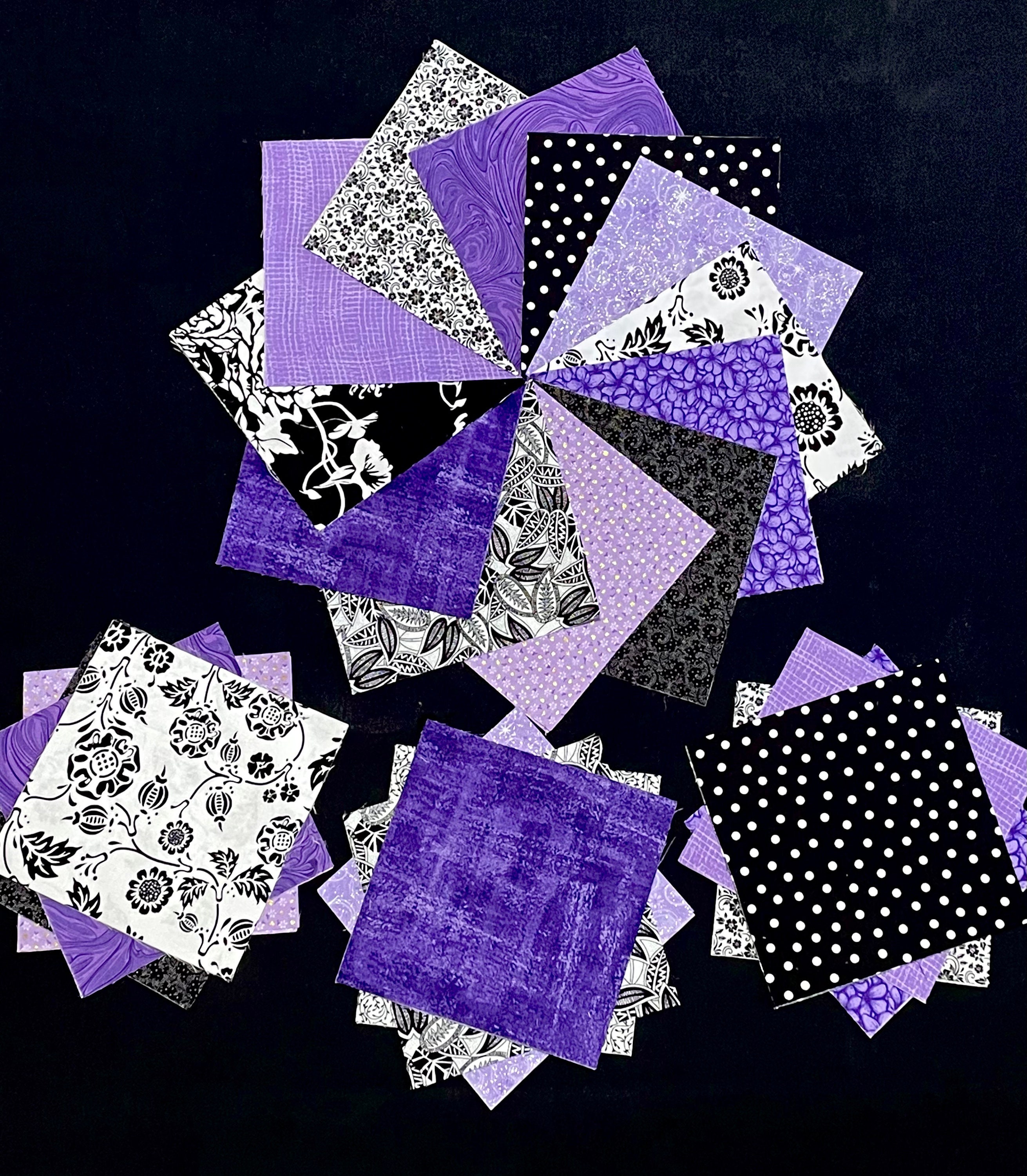 48 Purple Black White 7" Pre Cut Square Quilt Blocks, Quilting Fabric ...
