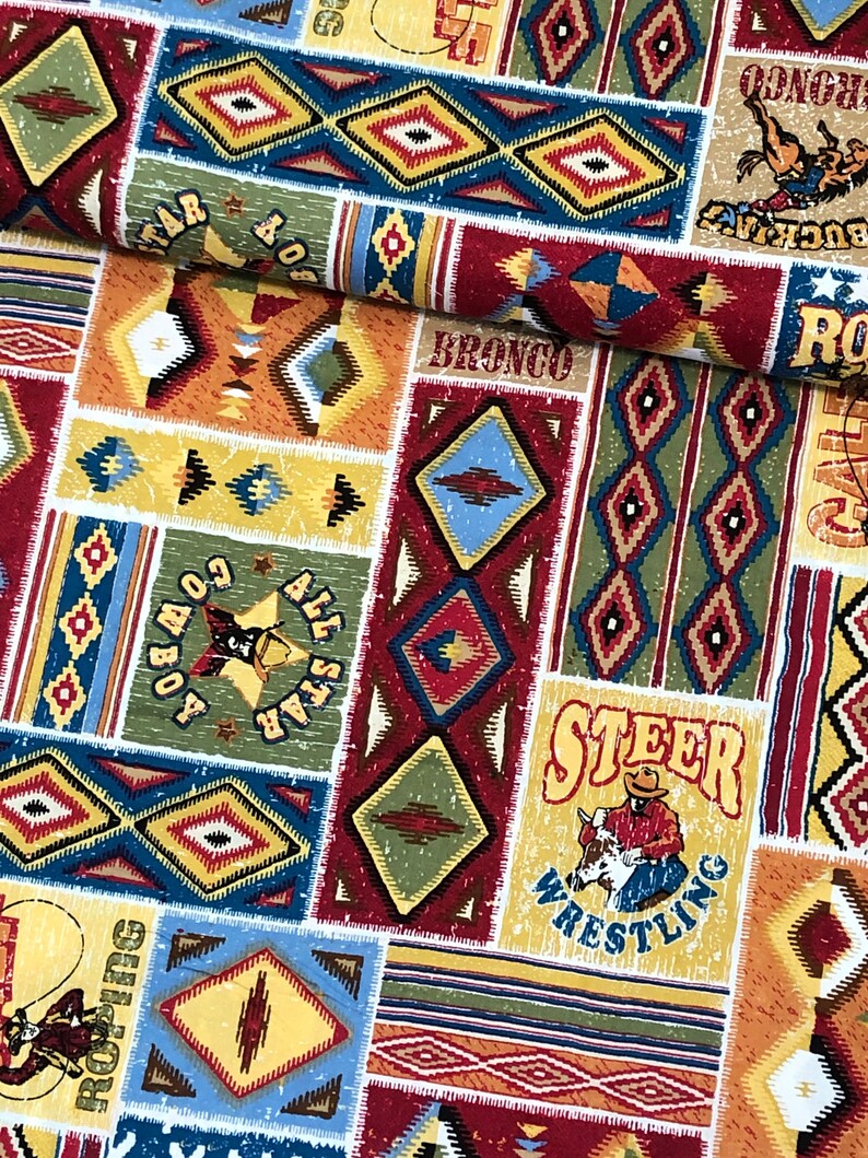 Southwest Cowboy Rodeo Bronco Rider Fabric Panel, Ropes, Boots Hat ...
