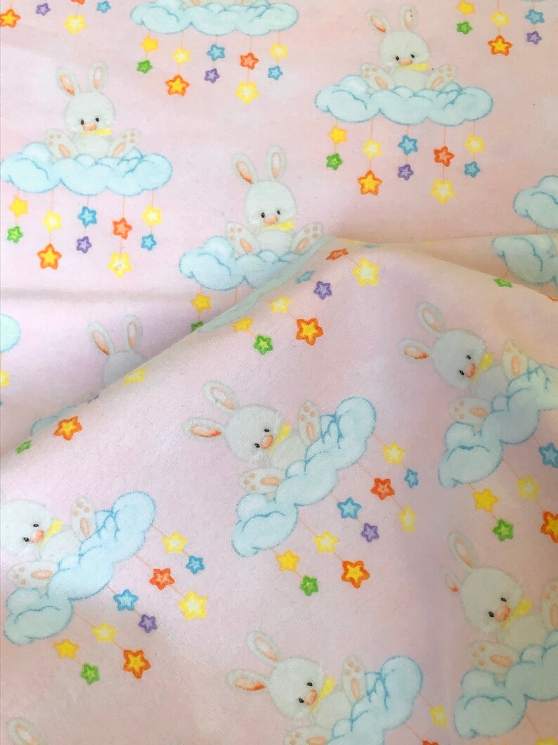 Bunny Rabbit pink flannel floating on white clouds yellow | Etsy