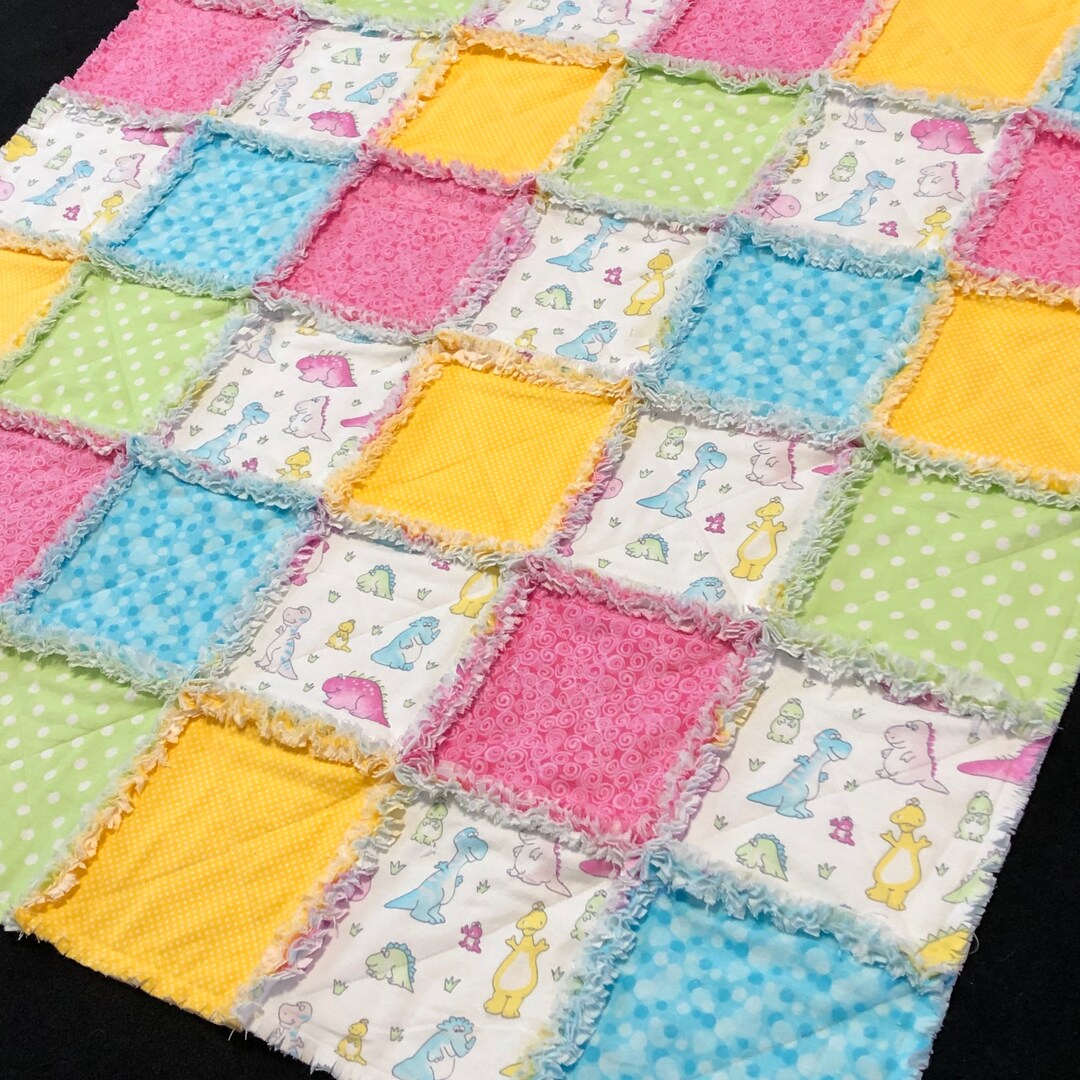 Pink Dinosaur Baby Rag Quilt Kit, 72 Pre Cut Quilt Blocks 7" Squares ...