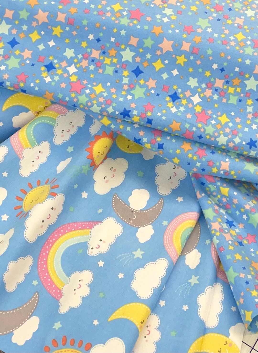 Twinkle Star Flannel, Sky Blue, so Soft, Coordinate Blanket Fabric, Clouds Stars, Moon Sun ...