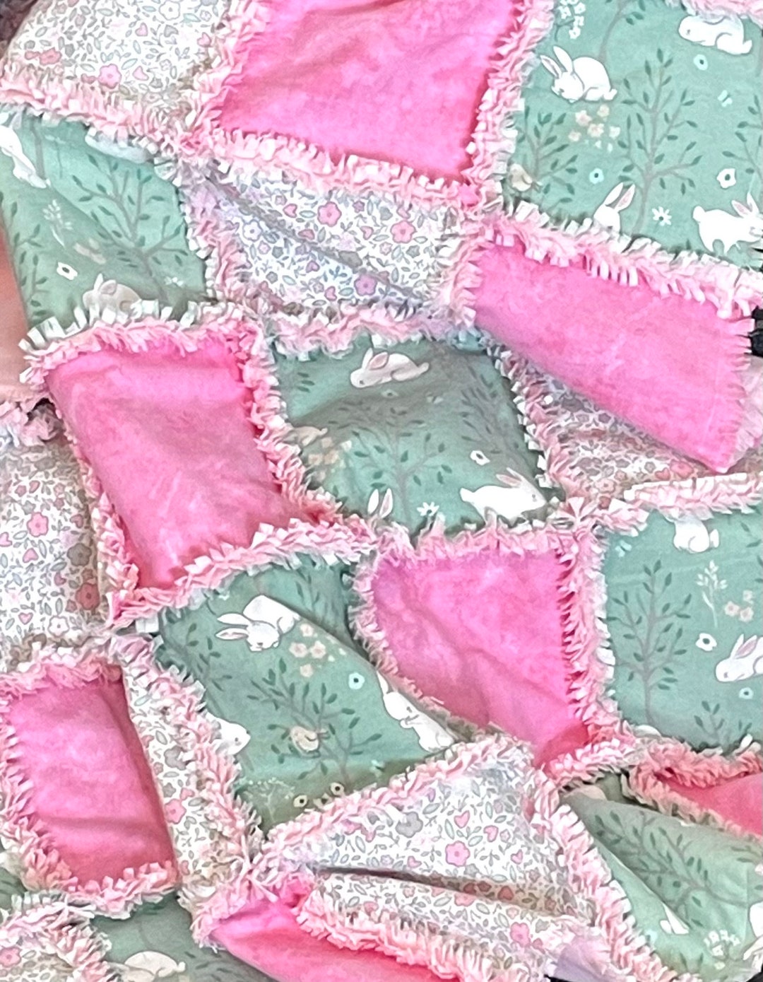 Bunny on Green Flower Rag Quilt Kit, 72 Pre Cut Quilt Blocks 7" Squares ...