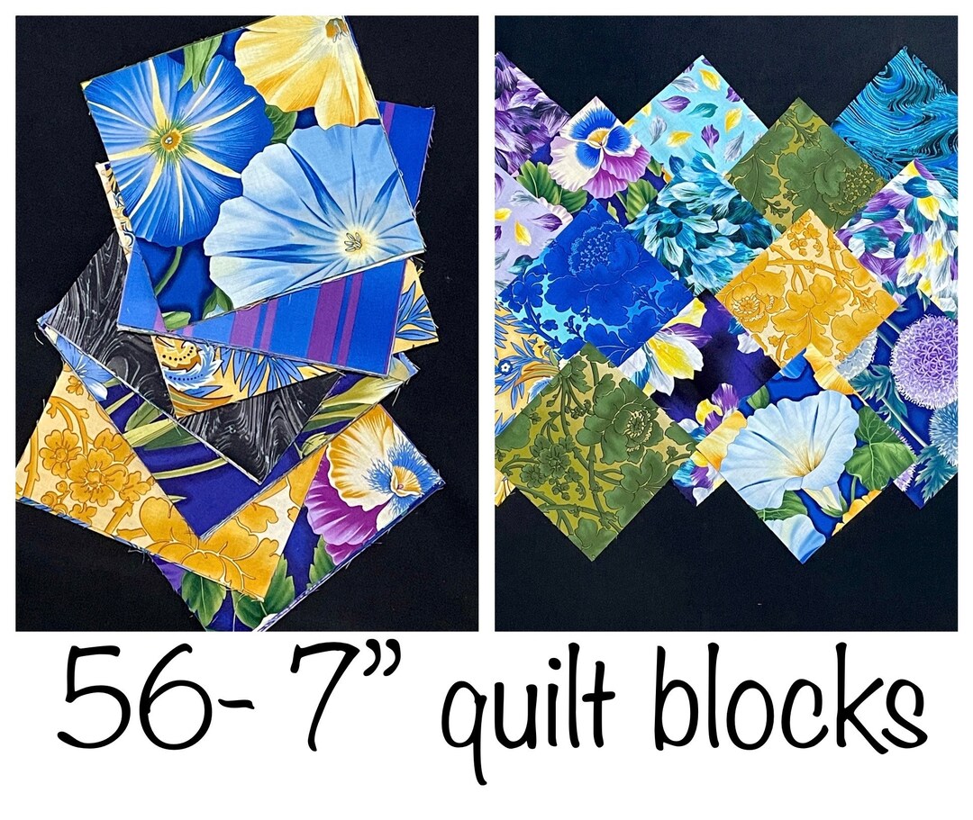 SALE 56 Floral Flower 7 Pre Cut Square Quilt Blocks, Yellow Blue Purple ...