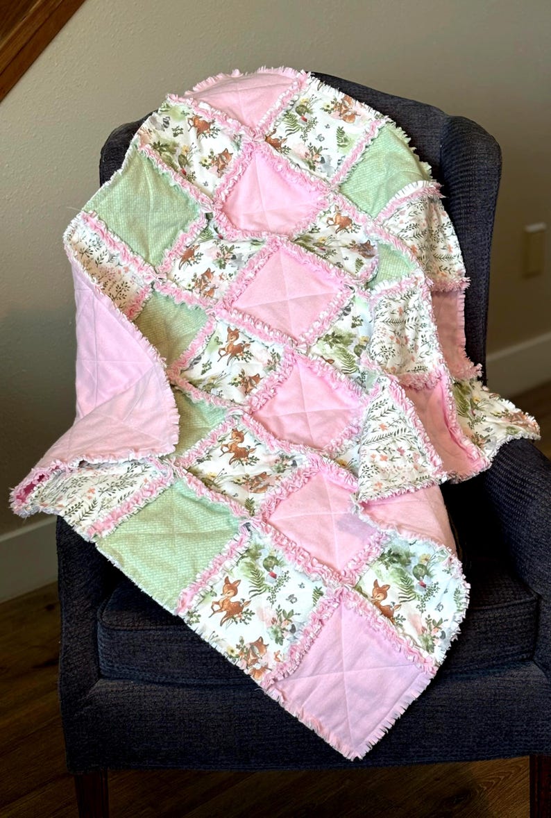 Nature Baby Deer Fox, Sage Green Pink Girl Rag Quilt Kit, Patchwork ...