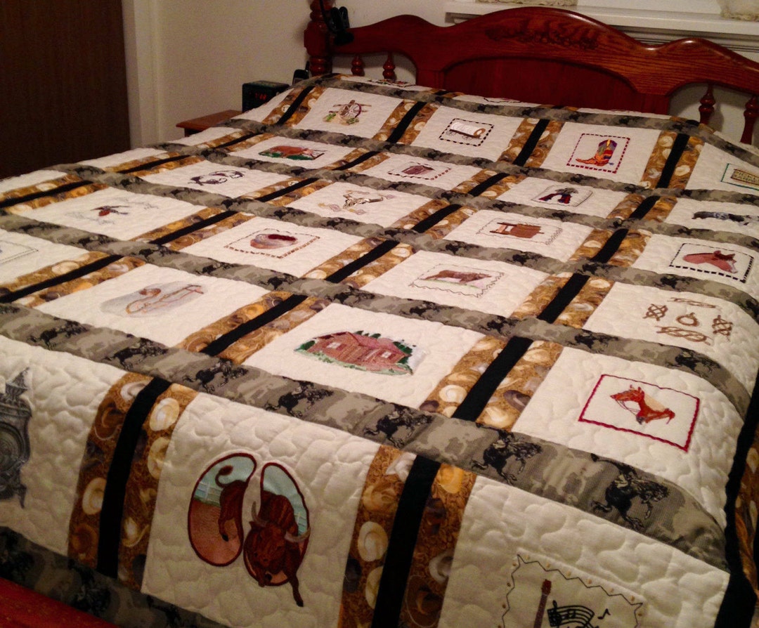 Rodeo Cowboy Western Quilt, Embroidered Queen Quilt, Handcrafted ...