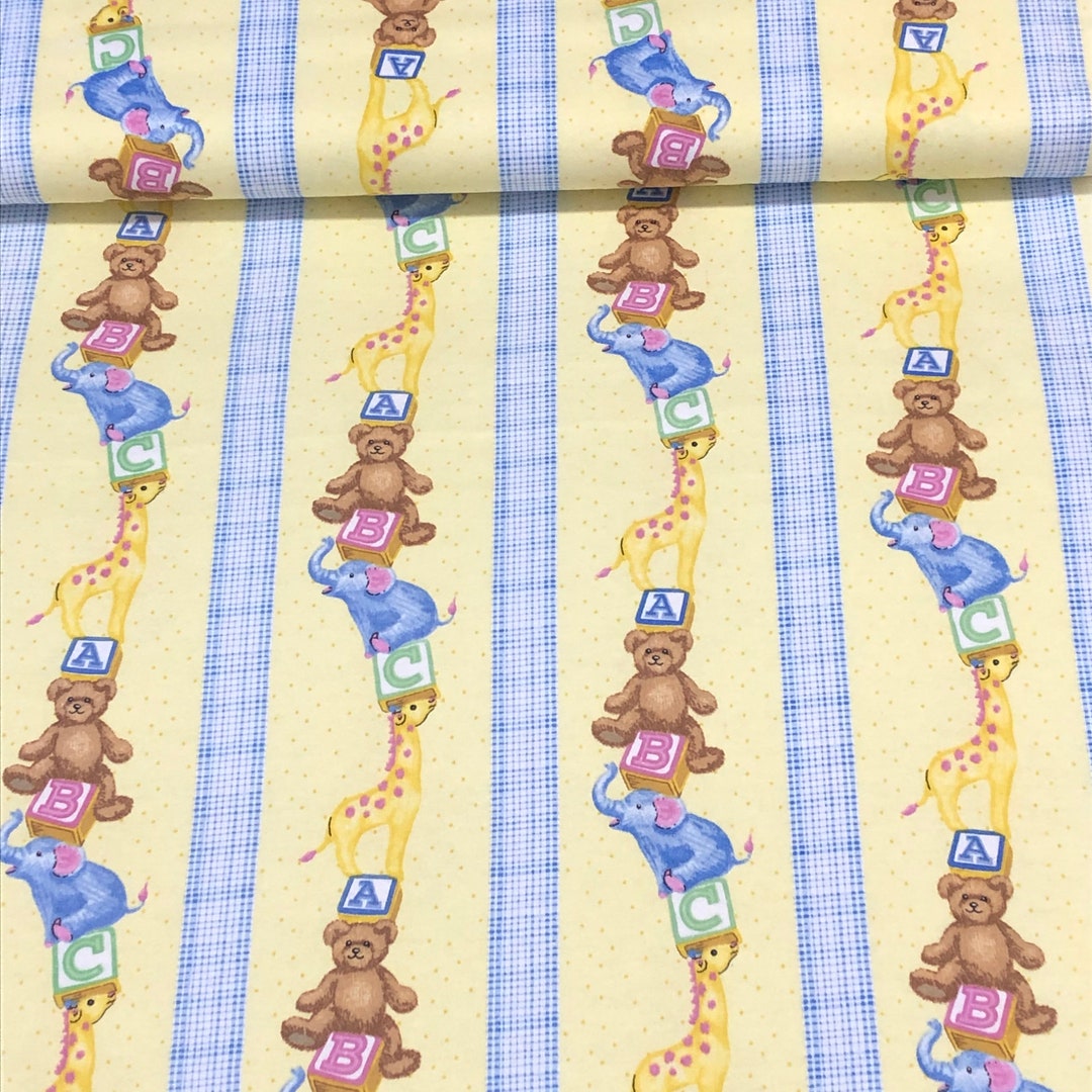 Giraffe, Elephant, Bear Alphabet Abc's Yellow Blue Flannel Fabric ...