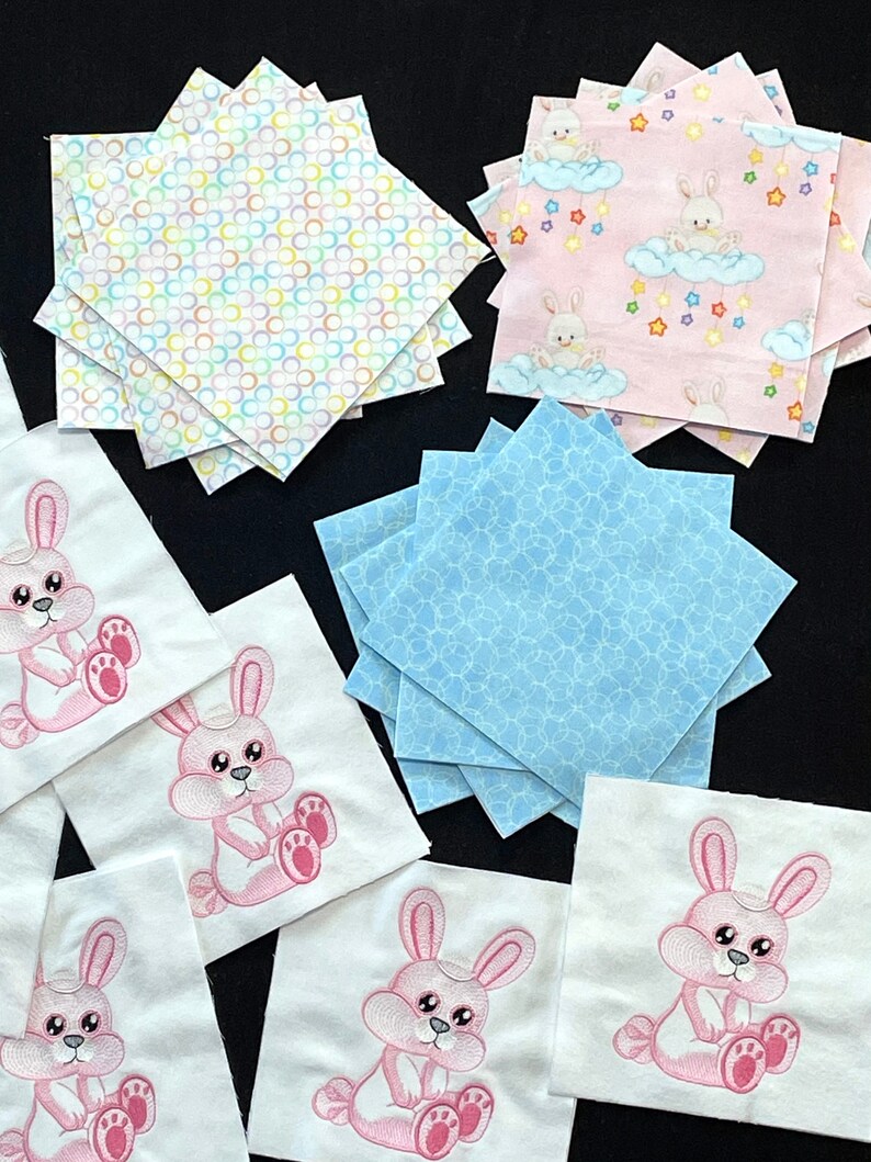 Embroidered Pink Bunny Rag Quilt Kit, 84 Quilt Blocks 7" Flannel Fabric ...