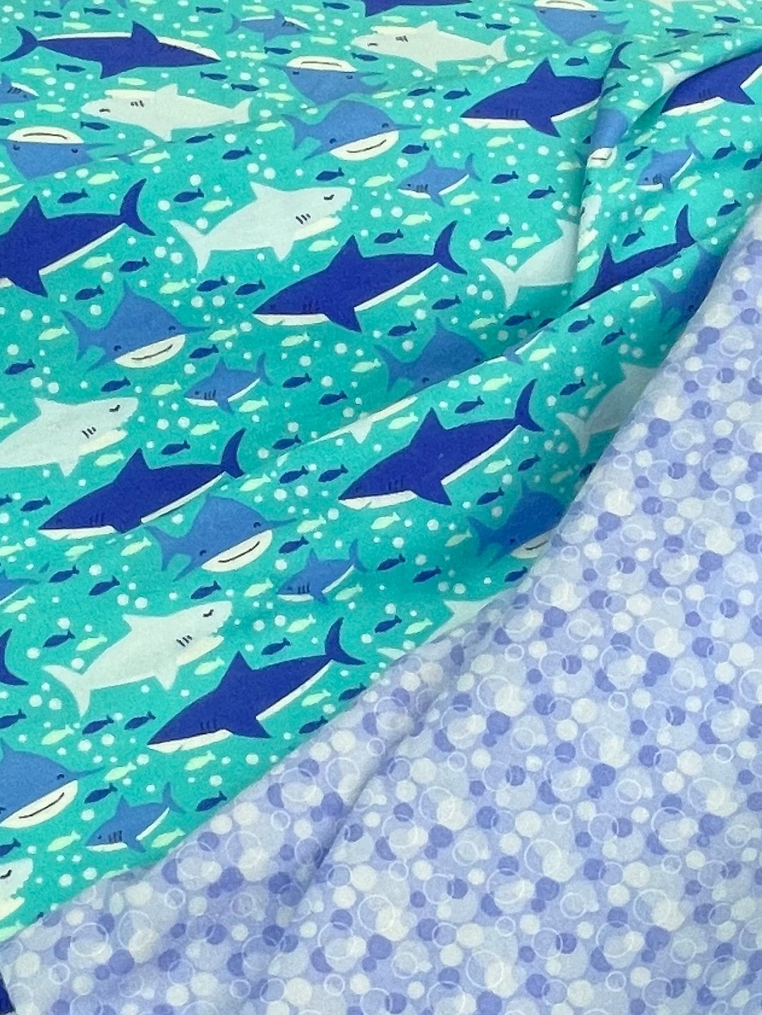 Swimming Sharks on Turquoise Comfy Soft Cotton FLANNEL Fabric by A E ...