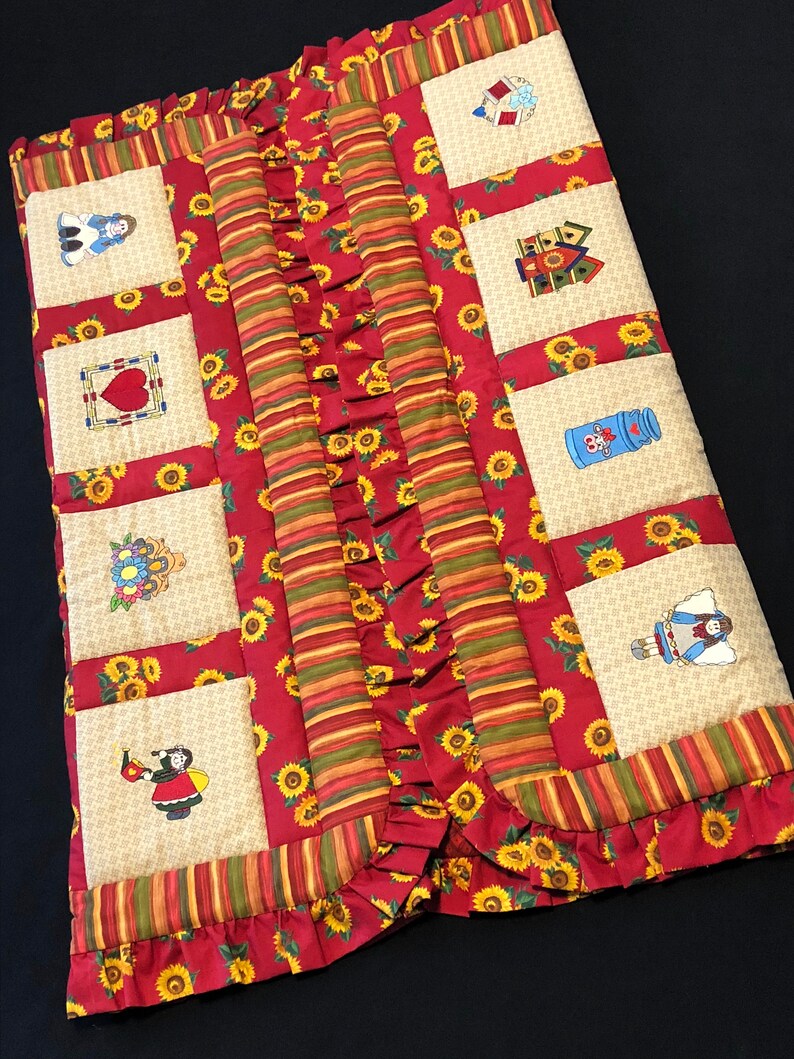 Sunflower Girl, Country Embroidered Crib Quilt Ruffled Baby Blanket ...