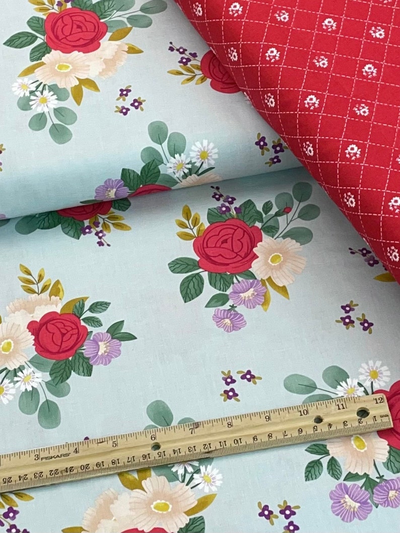 Red Blue Floral Fabric Coordinates Red Hot or Sky by Riley - Etsy