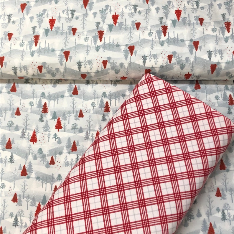 Winter Frost Fabric, Red White Plaid, Winter Snow Forest, Red Christmas ...