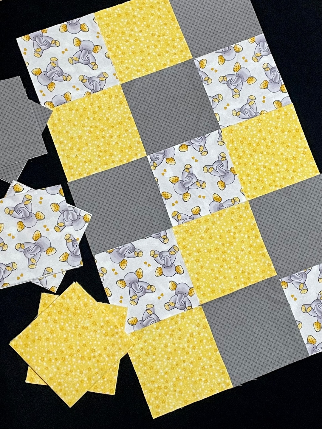 Yellow Elephant Rag Quilt Kit, 72 Quilt Blocks 7" Flannel Fabric Pre ...