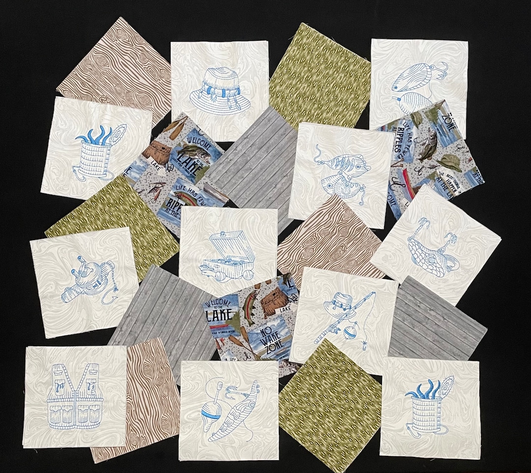72 Fishing Embroidered Blue Green Beige 7" Pre Cut Square Quilt Blocks ...