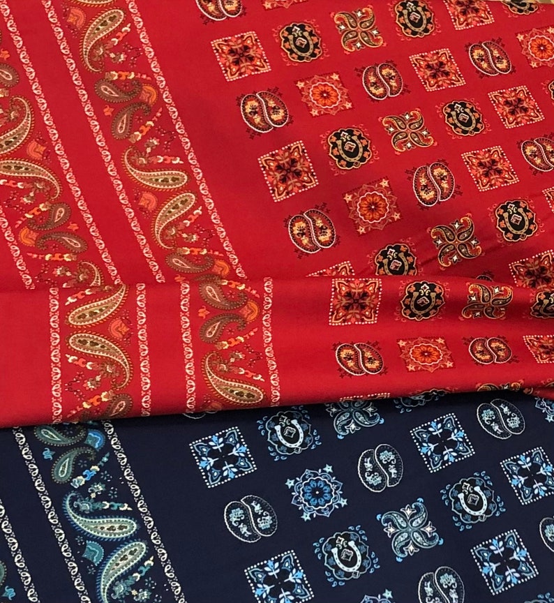 Paisley Red Blue Bandana Fabric, Bordered on Sides, Wild Wild West, by ...
