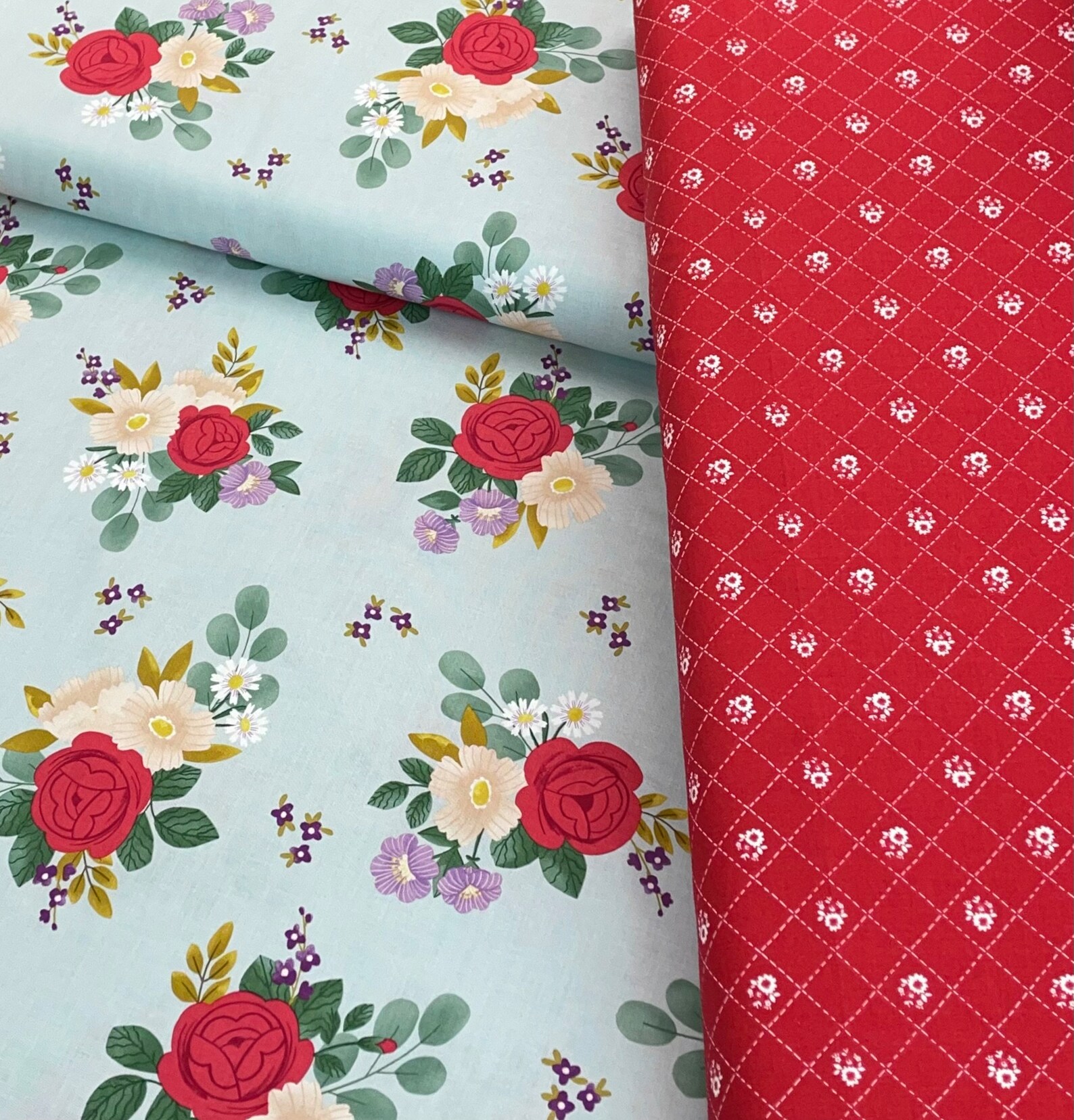 Red Blue Floral Fabric Coordinates Red Hot or Sky by Riley - Etsy