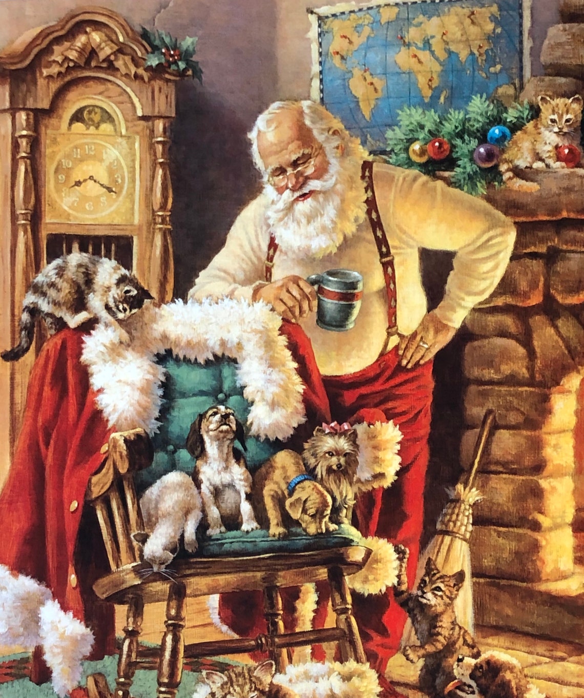 Santa Clause A Classic Christmas Fabric Panel Puppies and - Etsy