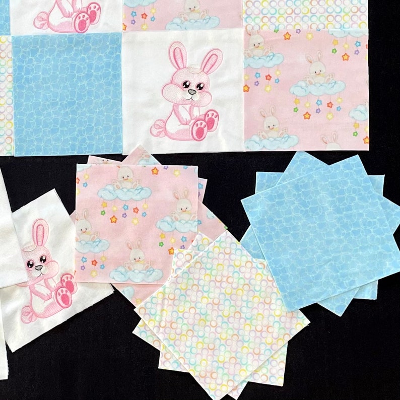 Embroidered Pink Bunny Rag Quilt Kit, 84 Quilt Blocks 7" Flannel Fabric ...