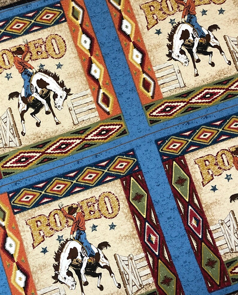 Southwest Cowboy Rodeo Bronco Rider Fabric Panel, Ropes, Boots Hat ...