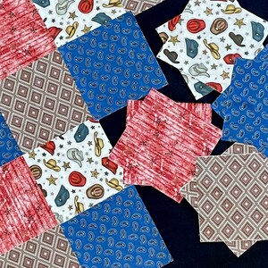 48 Western Rodeo Cowboy Pre Cut 7" Quilt Square Blocks Red Blue Tan ...