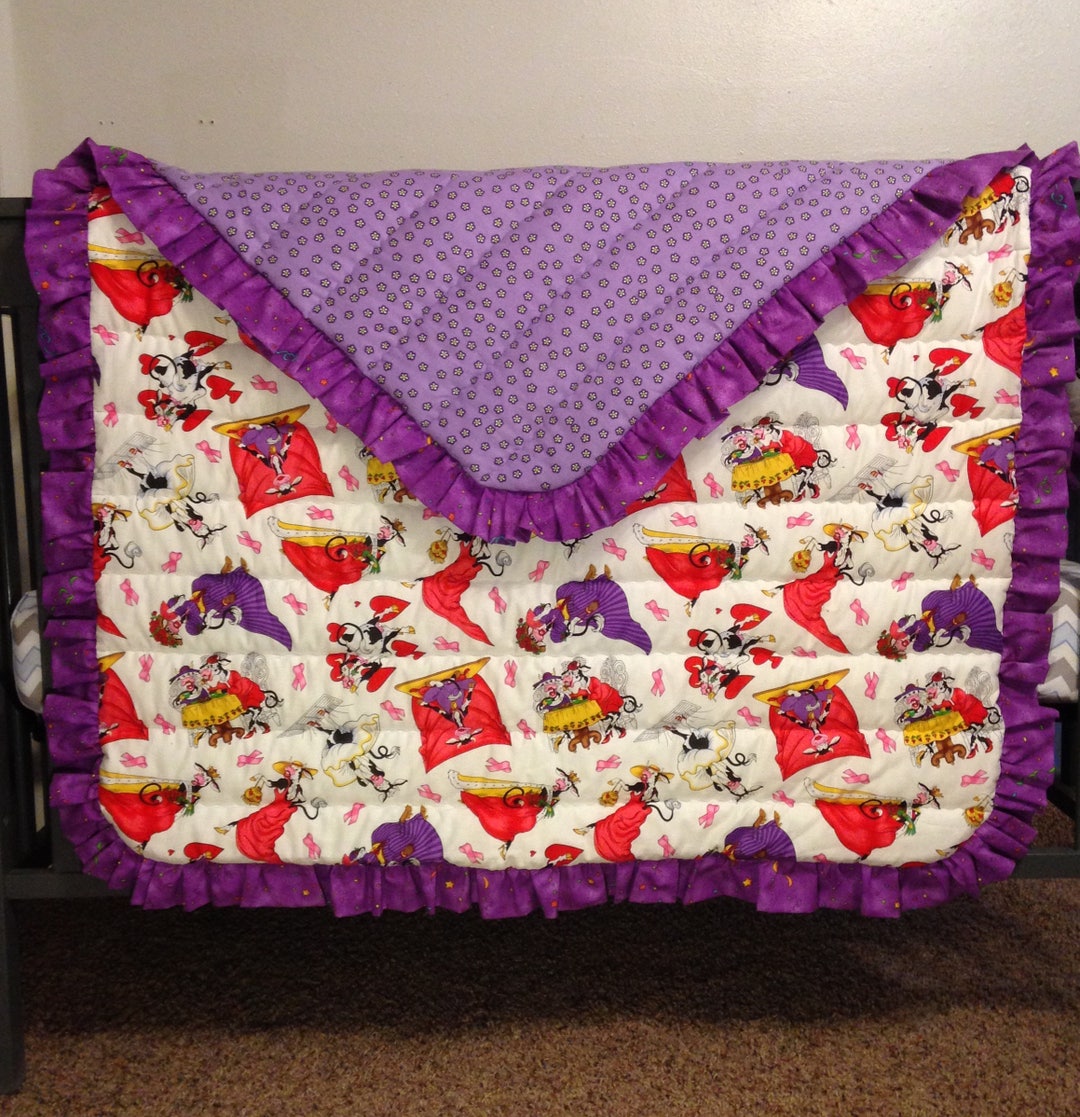 Purple Cow Crib Quilt, Red Hat Lady Cows, Ruffled Baby Quilt, Pink ...