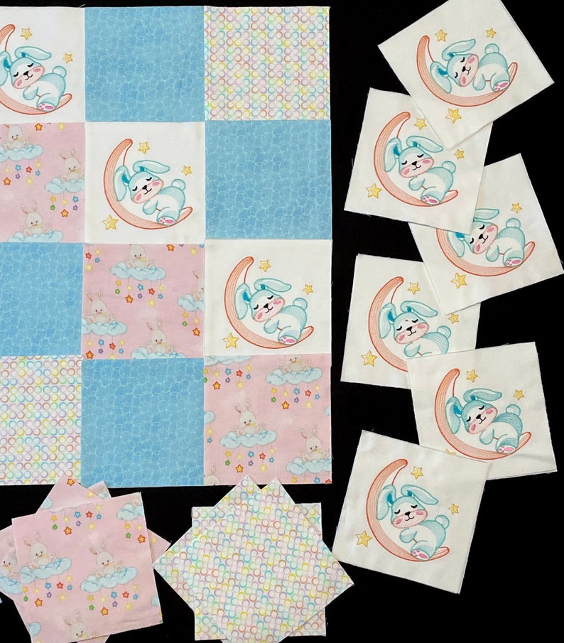 Embroidered Pink Bunny Rag Quilt Kit, 84 Quilt Blocks 7" Flannel Fabric ...