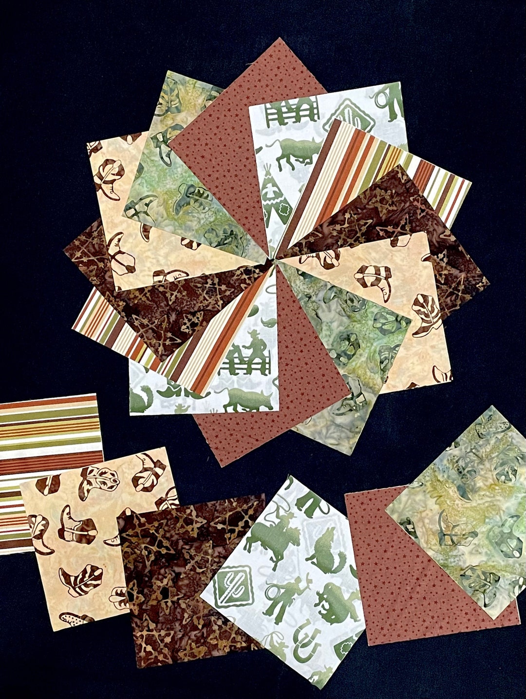 48 Western Rodeo Cowboy 7 Inch Square Quilt Blocks, Cotton, Green Brown ...
