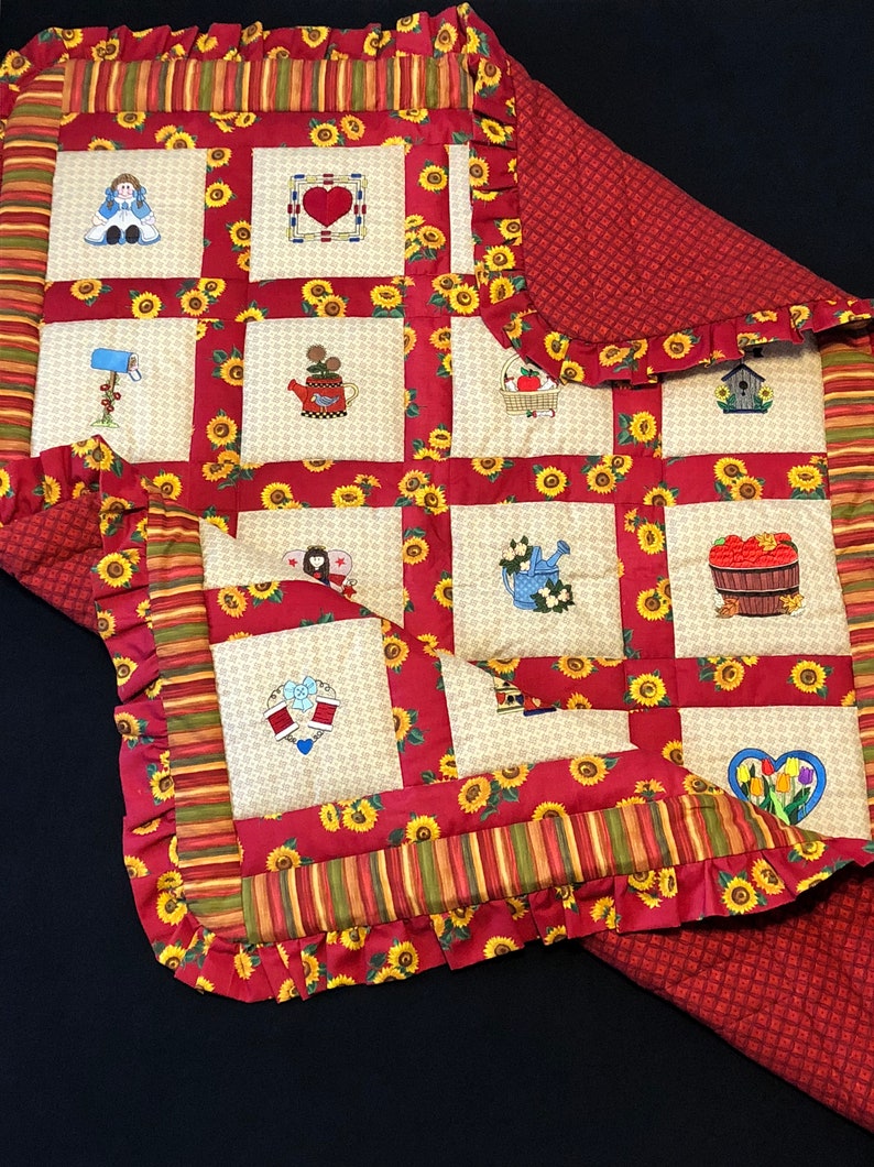 Sunflower Girl, Country Embroidered Crib Quilt Ruffled Baby Blanket ...