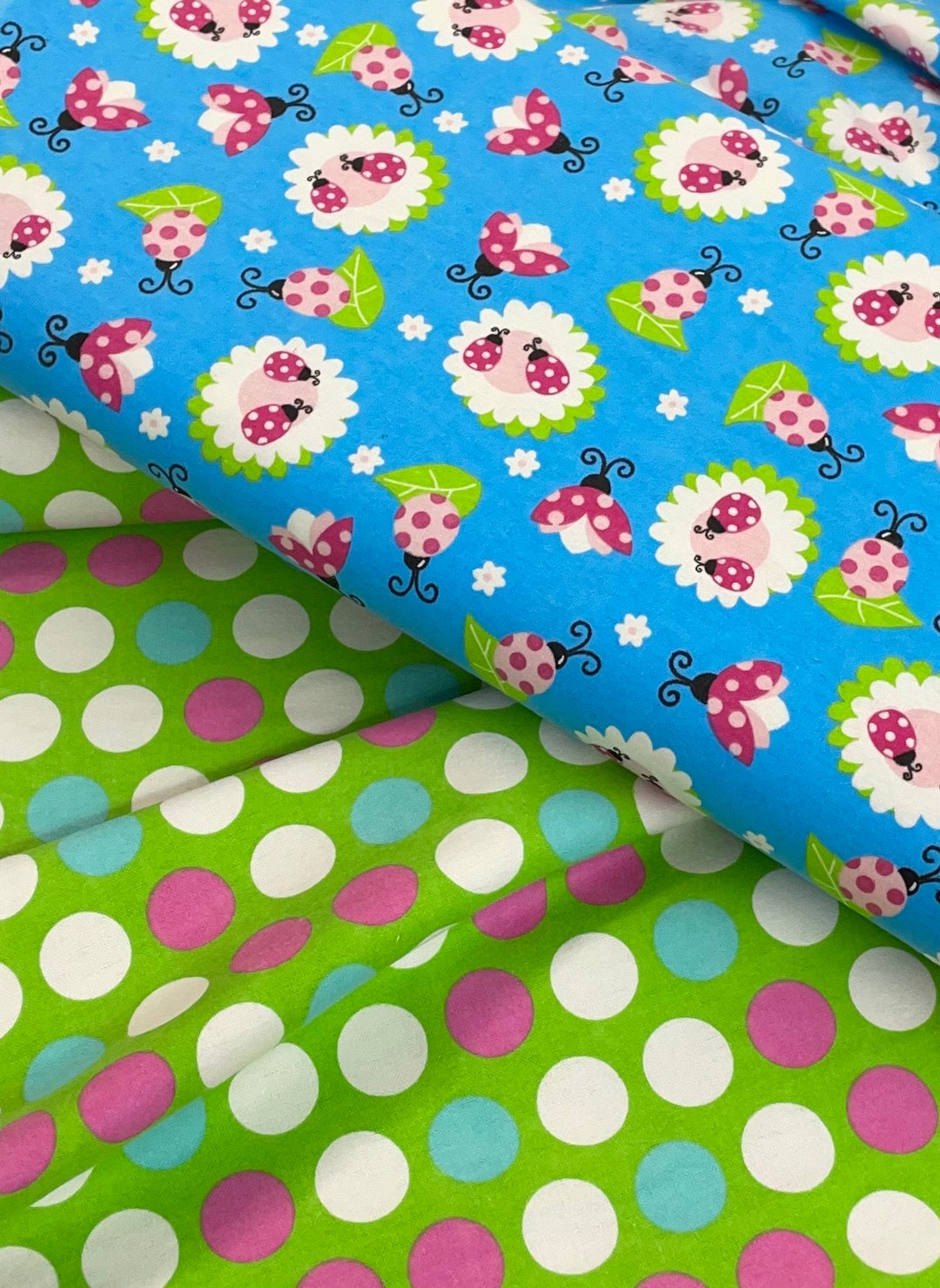 Ladybug, Polka Dot, Flannel Fabric, Pink, Lime Green, Aqua Blue, Bright ...