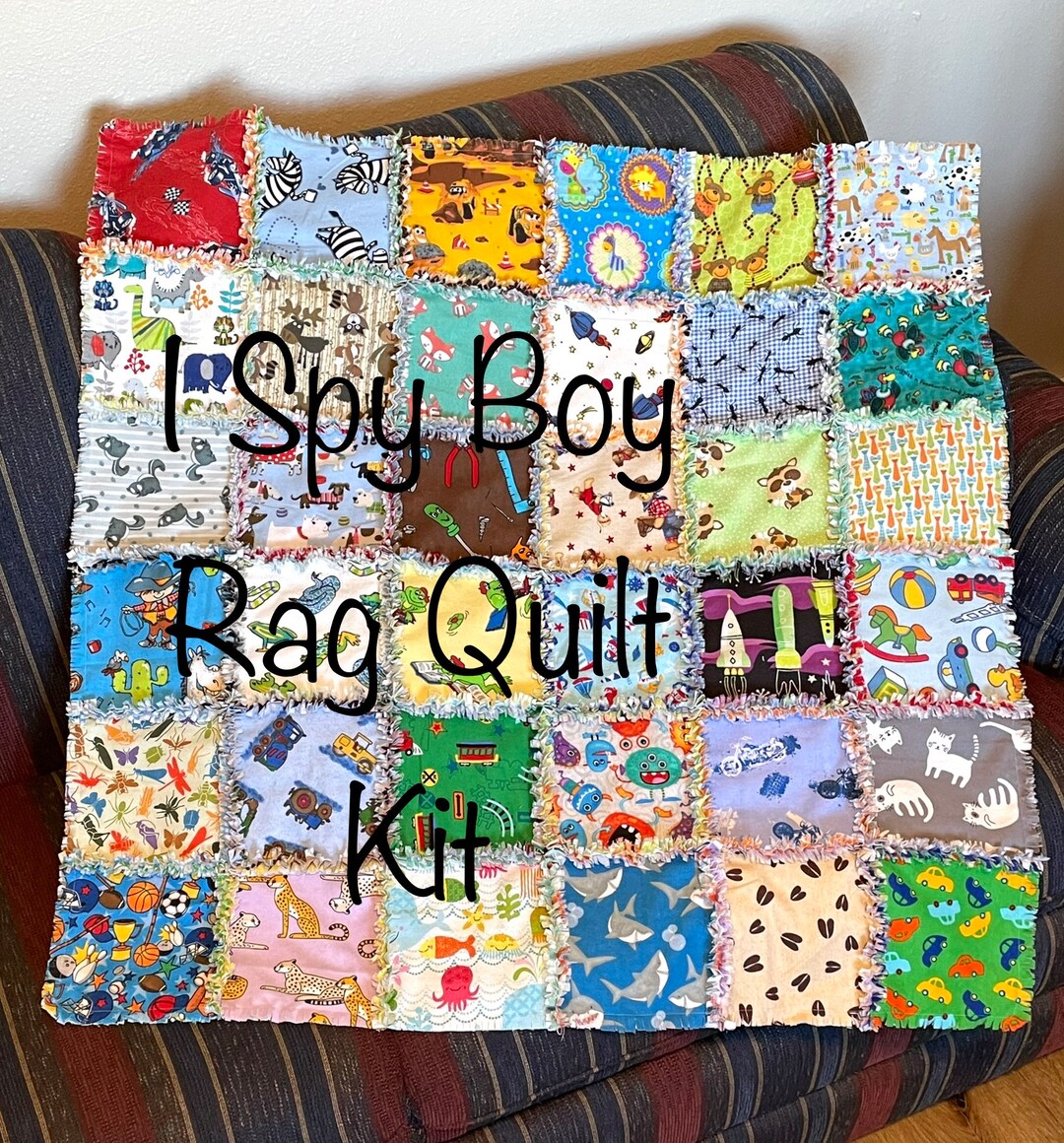 Boy I SPY 72 7 FLANNEL Fabric Square Rag Quilt Kit, Rainbow Back ...