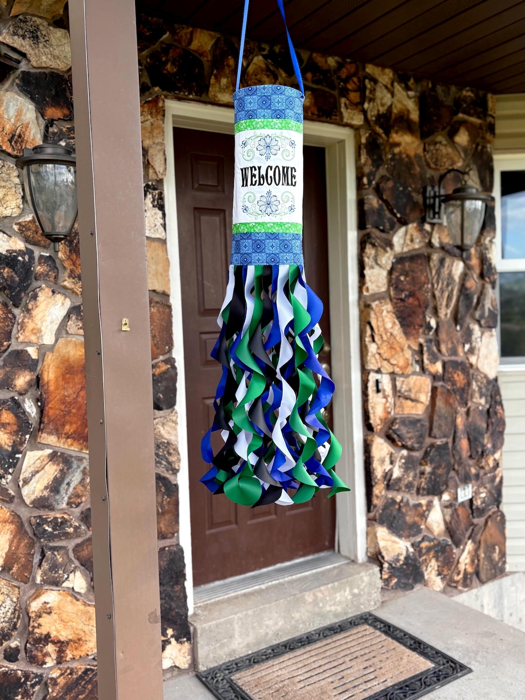 Welcome Sign Floral Windsock, Blue Green White, Garland, Spring Summer ...